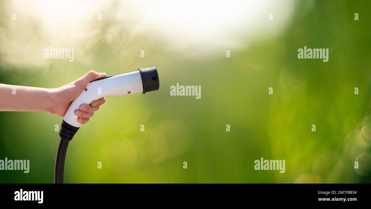Hand with charger plug for electric car on a green background Stock ...