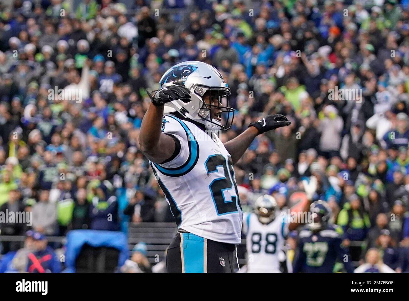 Carolina Panthers running back Raheem Blackshear (20) celebrates his ...
