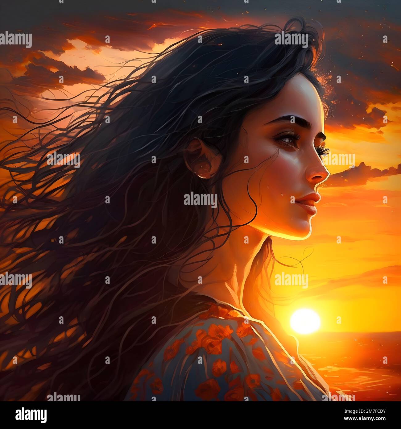 Beautiful illustration of a woman at sunset Stock Photo - Alamy