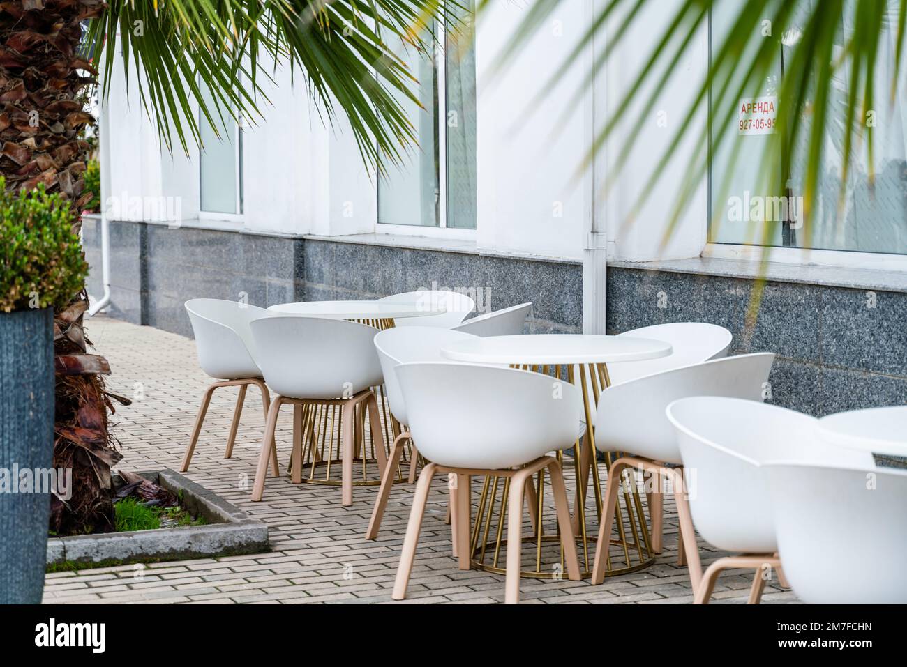 Street cafe with white chairs, green foliage around. Without people ...