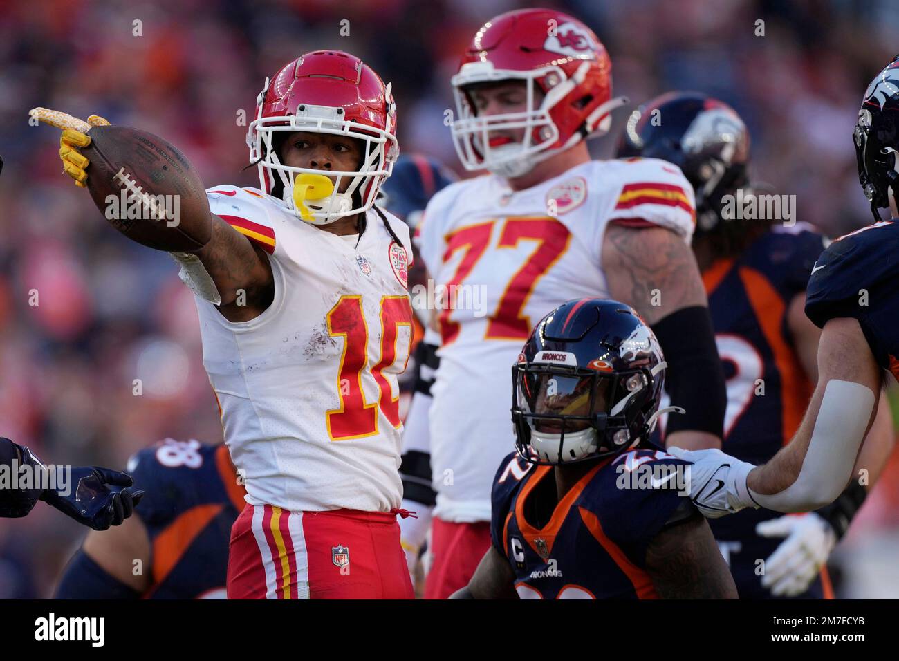 Kansas City Chiefs running back Isiah Pacheco (10) reacts after gaining ...
