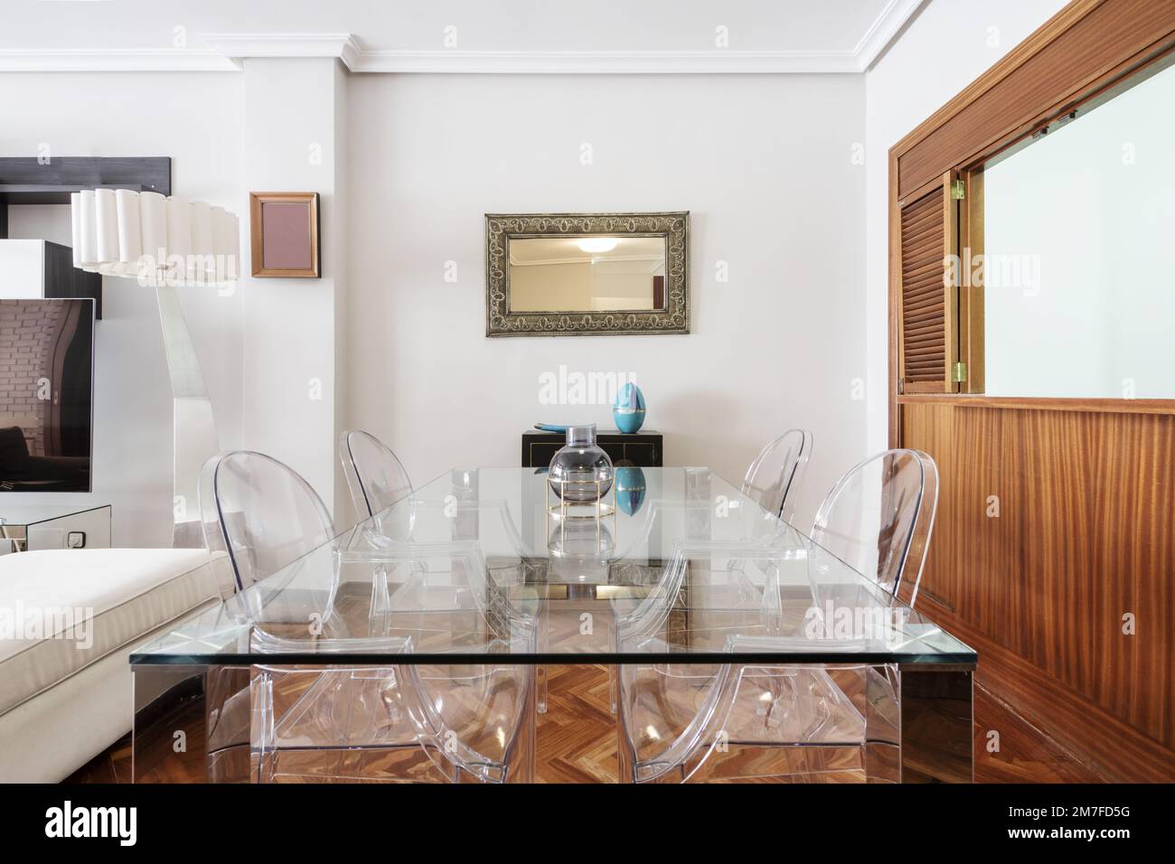 Glass dining table with chrome metal legs and transparent methacrylate ...