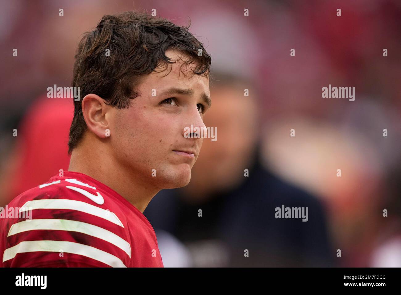 San Francisco 49ers quarterback Brock Purdy watches during the first ...