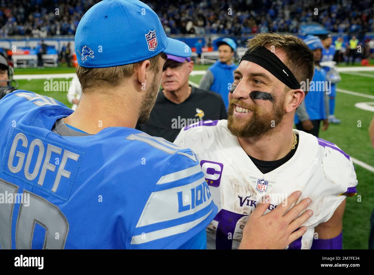 Detroit Lions' Jared Goff talks to Minnesota Vikings' Kirk Cousins ...
