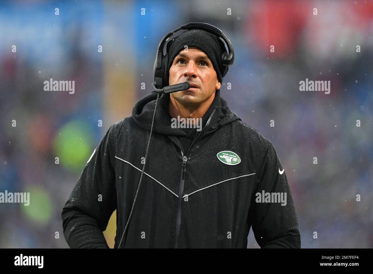New York Jets head coach Robert Saleh looks up from the sidelines ...