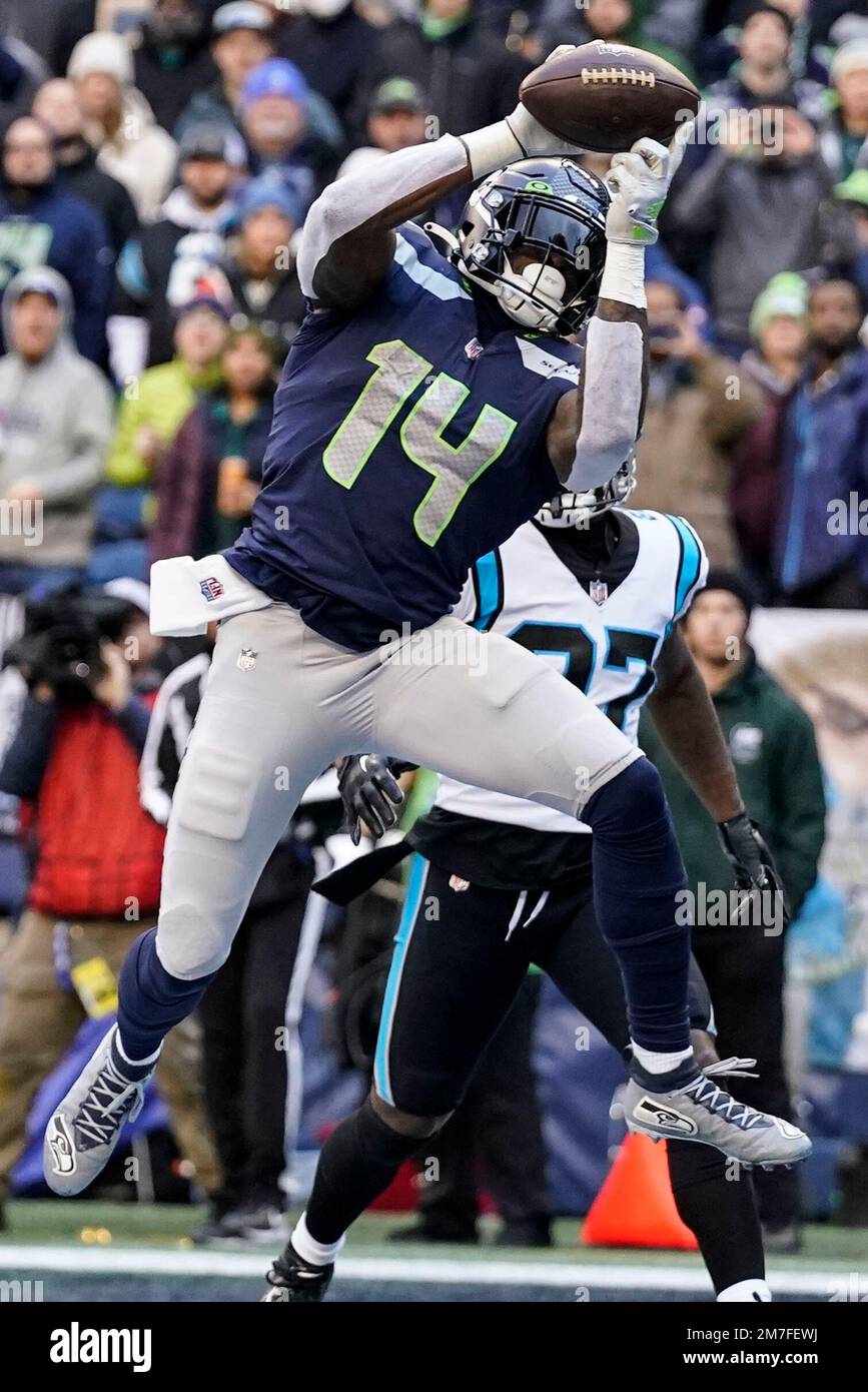 Seattle Seahawks wide receiver DK Metcalf (14) makes a touchdown catch against Carolina Panthers ...