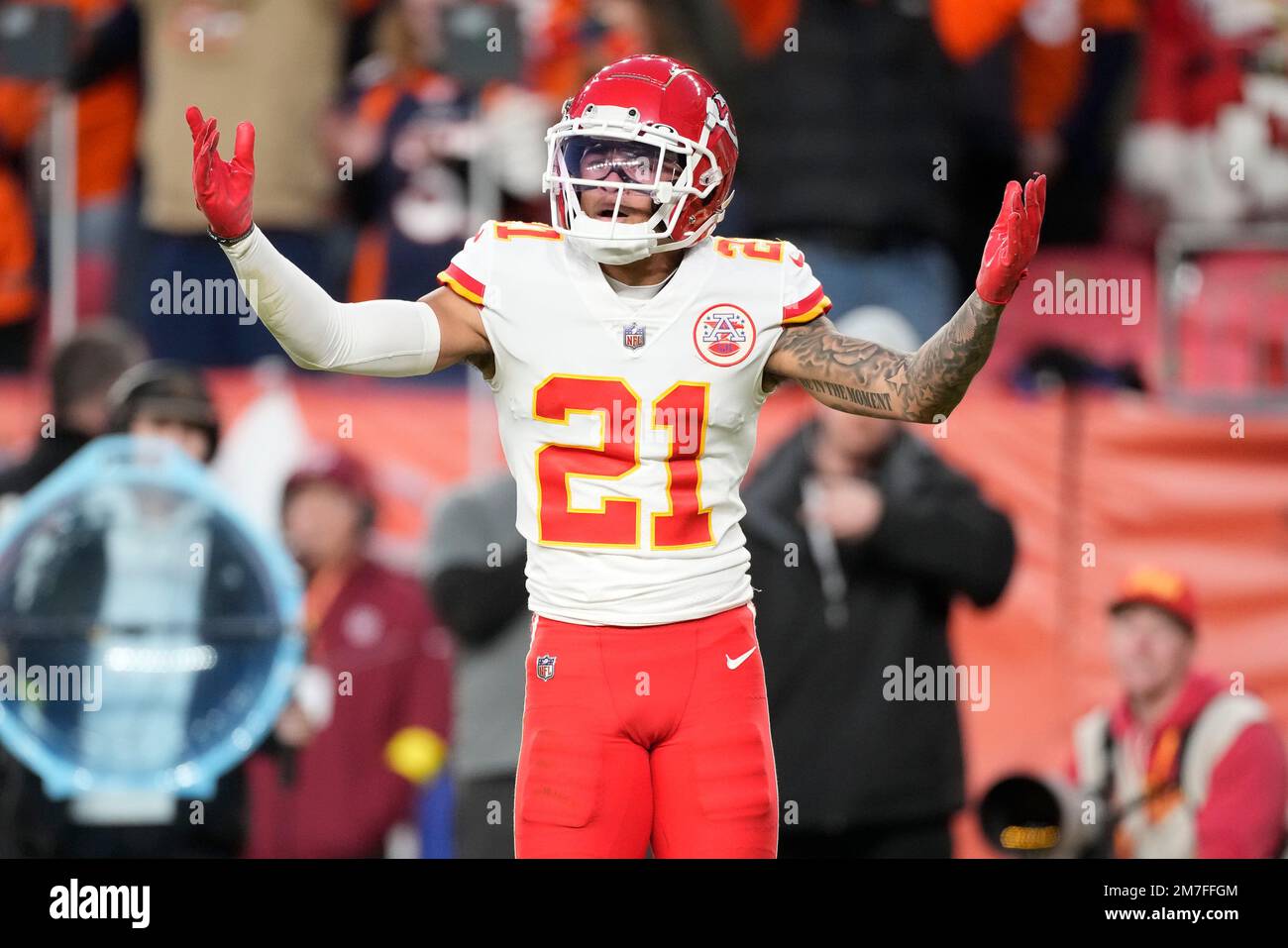 Kansas City Chiefs cornerback Trent McDuffie (21) reacts during the ...