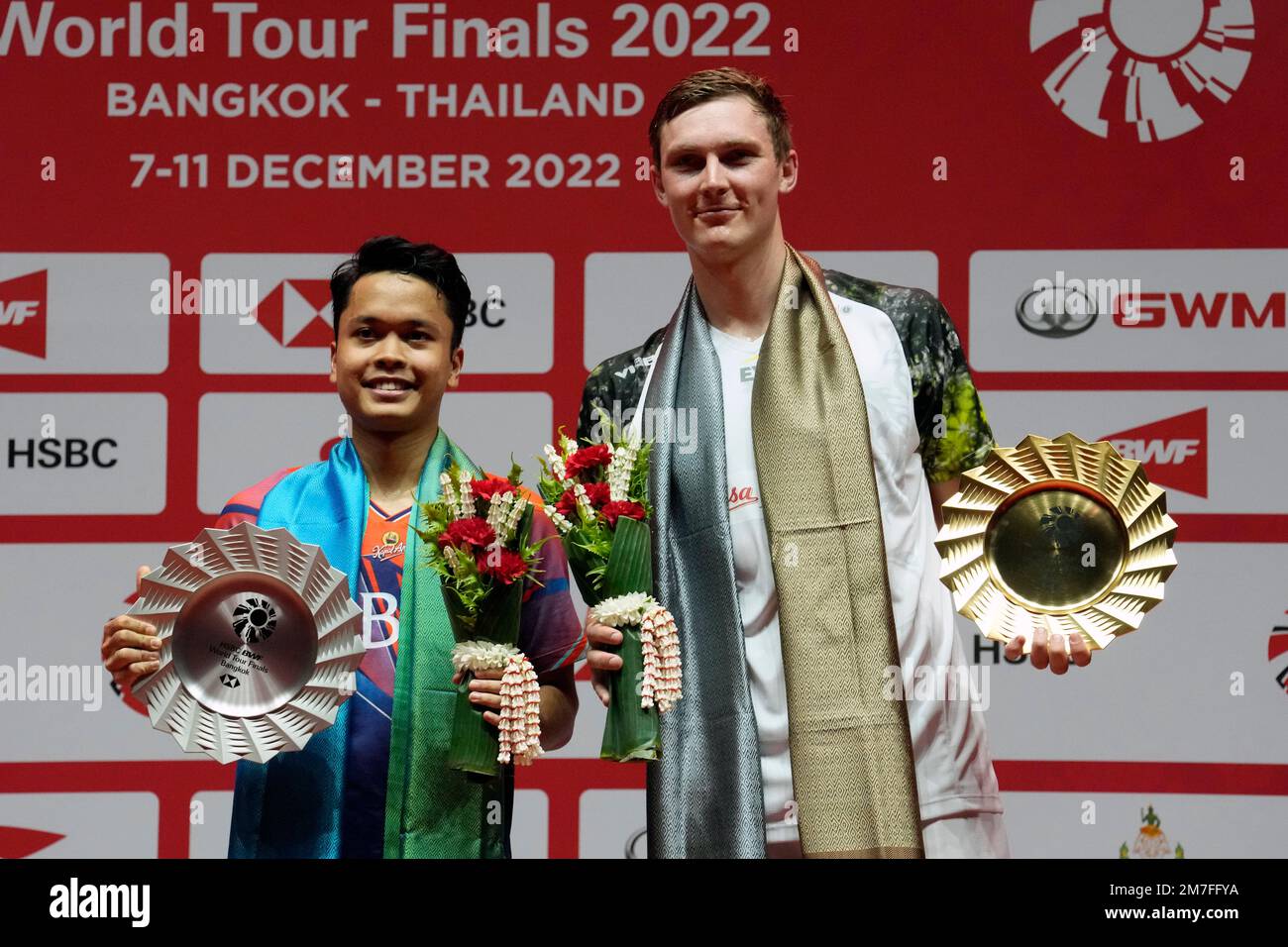 Winner Denmark's Viktor Axelsen, right, and Second-placed Indonesia's ...