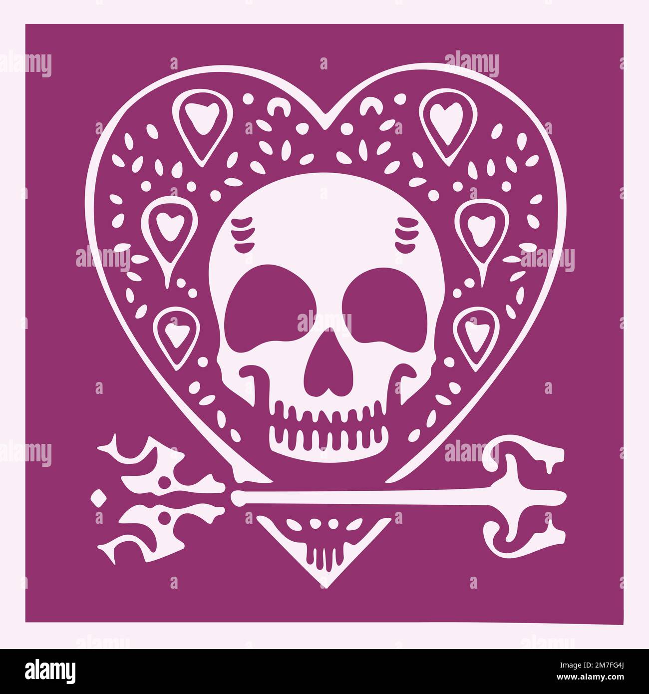 Valentines day goth skull vector drawing. Block print of low brow heart ...