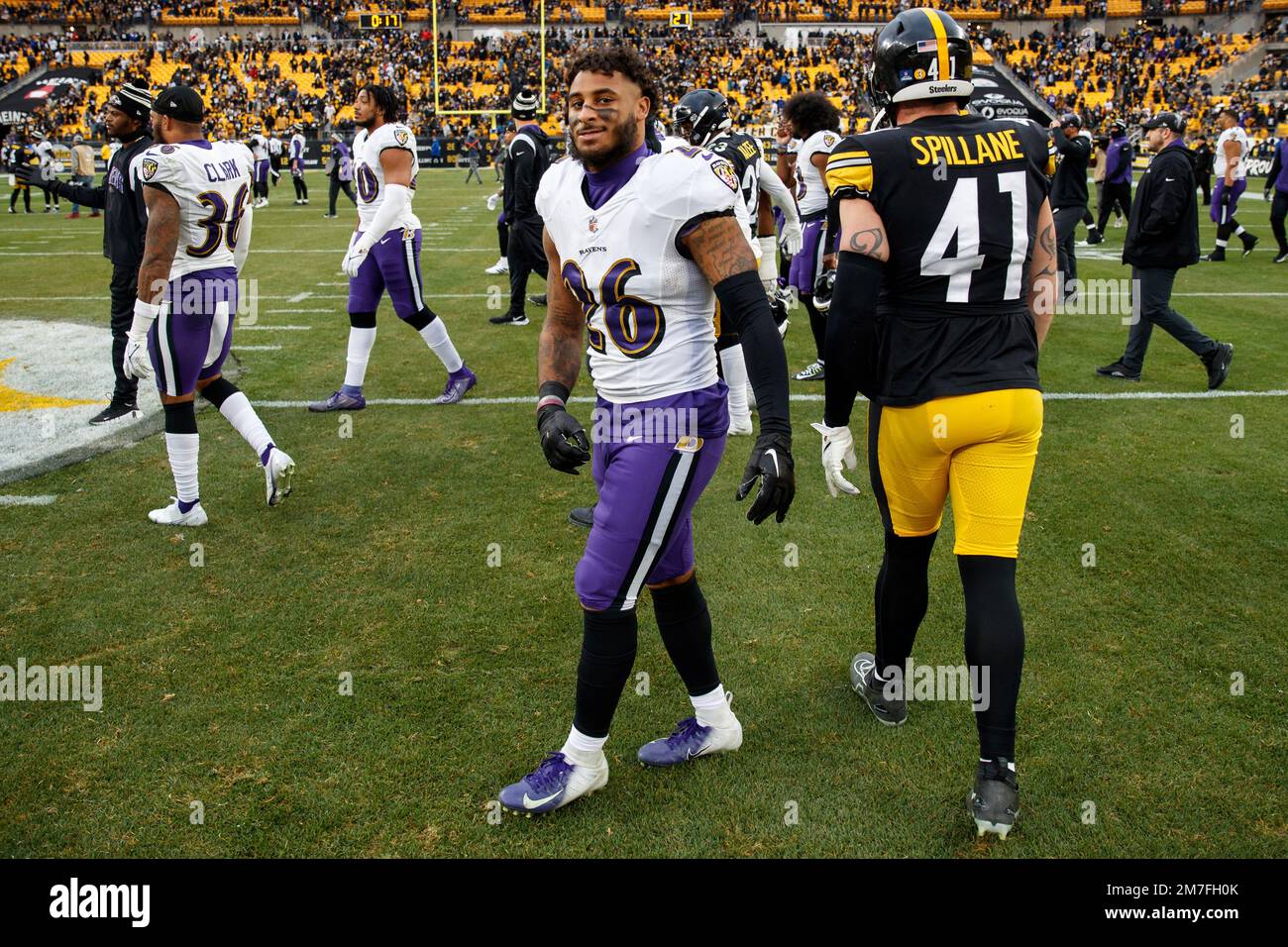 Baltimore Ravens safety Geno Stone (26) looks on after an NFL football ...