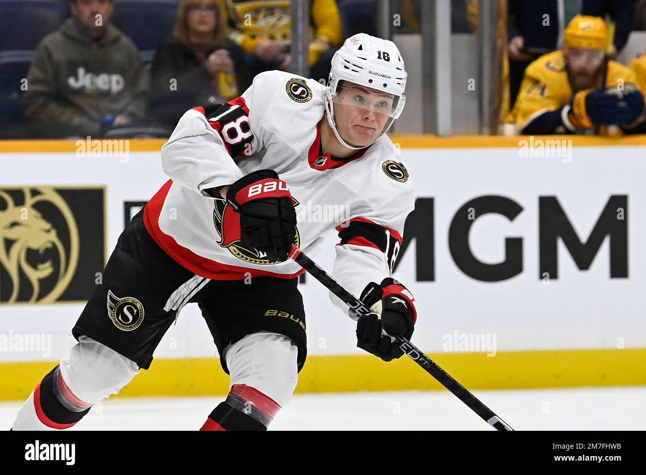 Ottawa Senators left wing Tim Stützle (18) plays against the Nashville ...