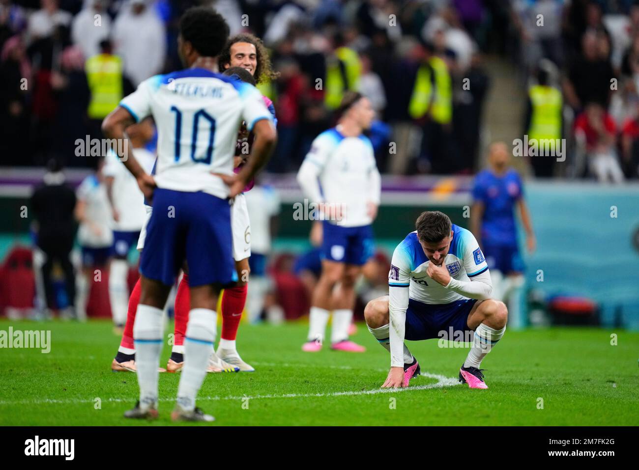 England players react during the World Cup quarterfinal soccer match ...