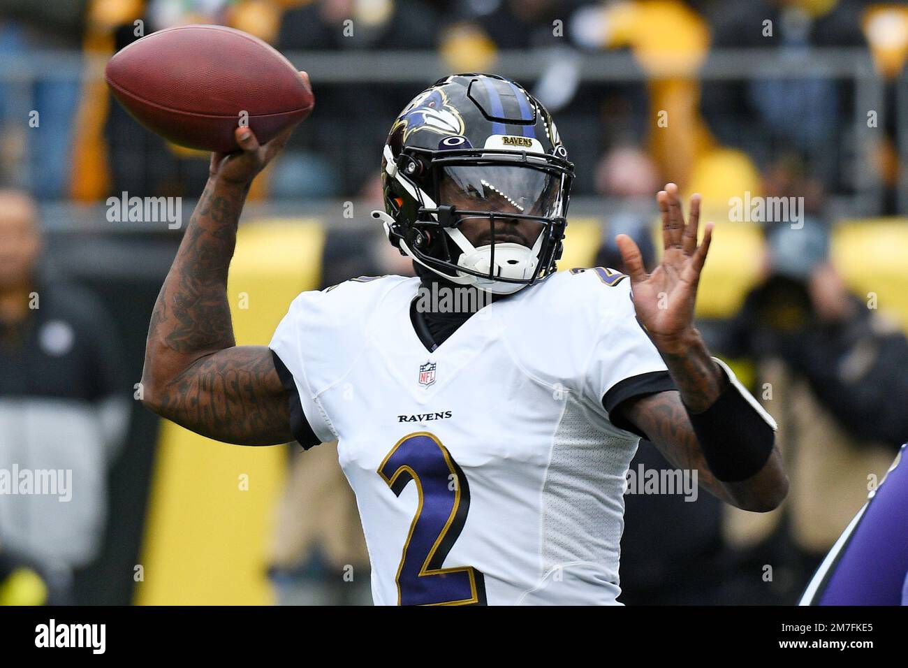 Baltimore Ravens quarterback Tyler Huntley throws a pass during the ...