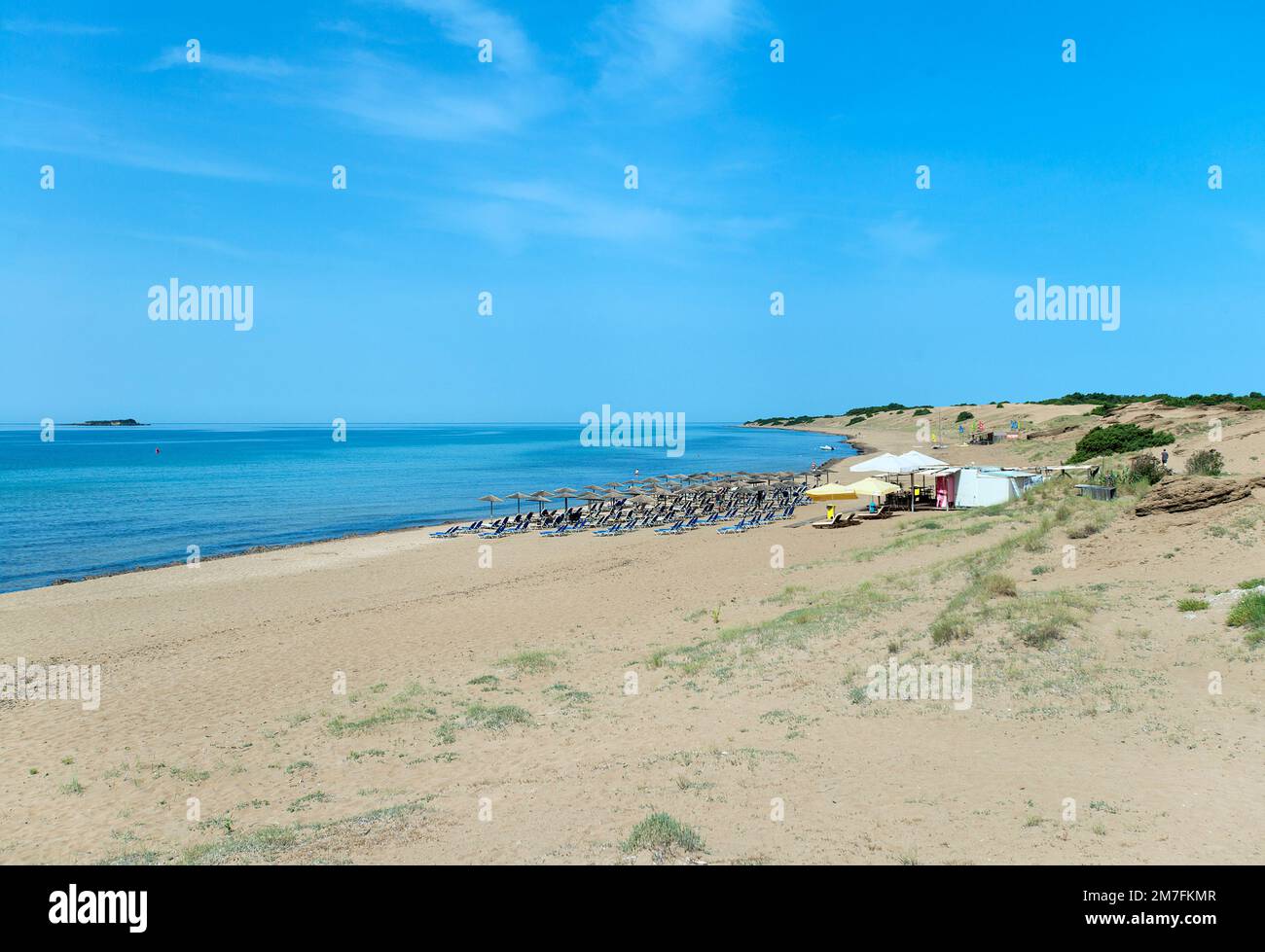 Beach bar and sunbeds on Issos beach, Agios Georgios, Corfu, Ionian ...