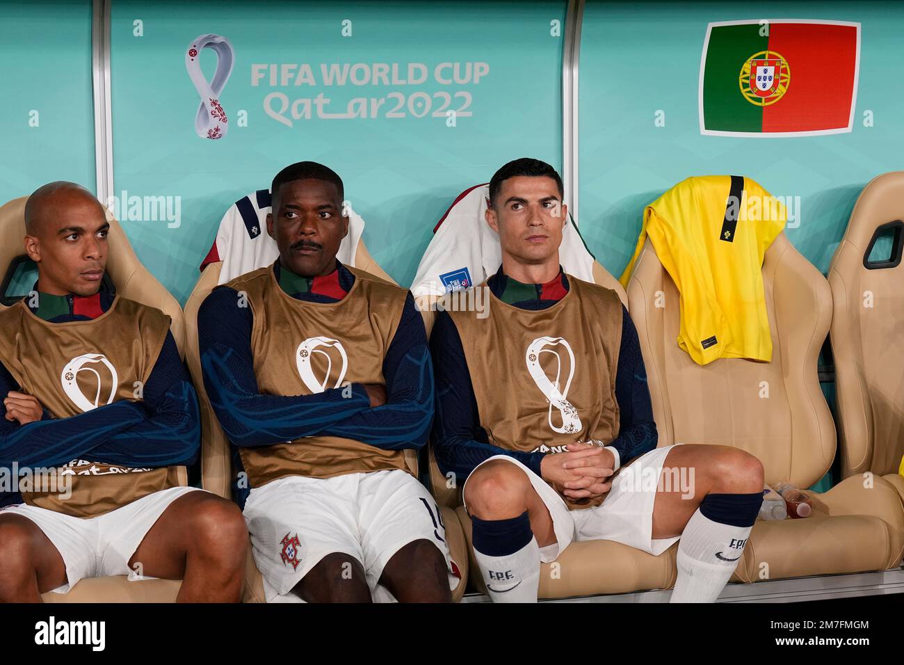 Portugal's Cristiano Ronaldo sits on the bench before the World Cup quarterfinal soccer match ...