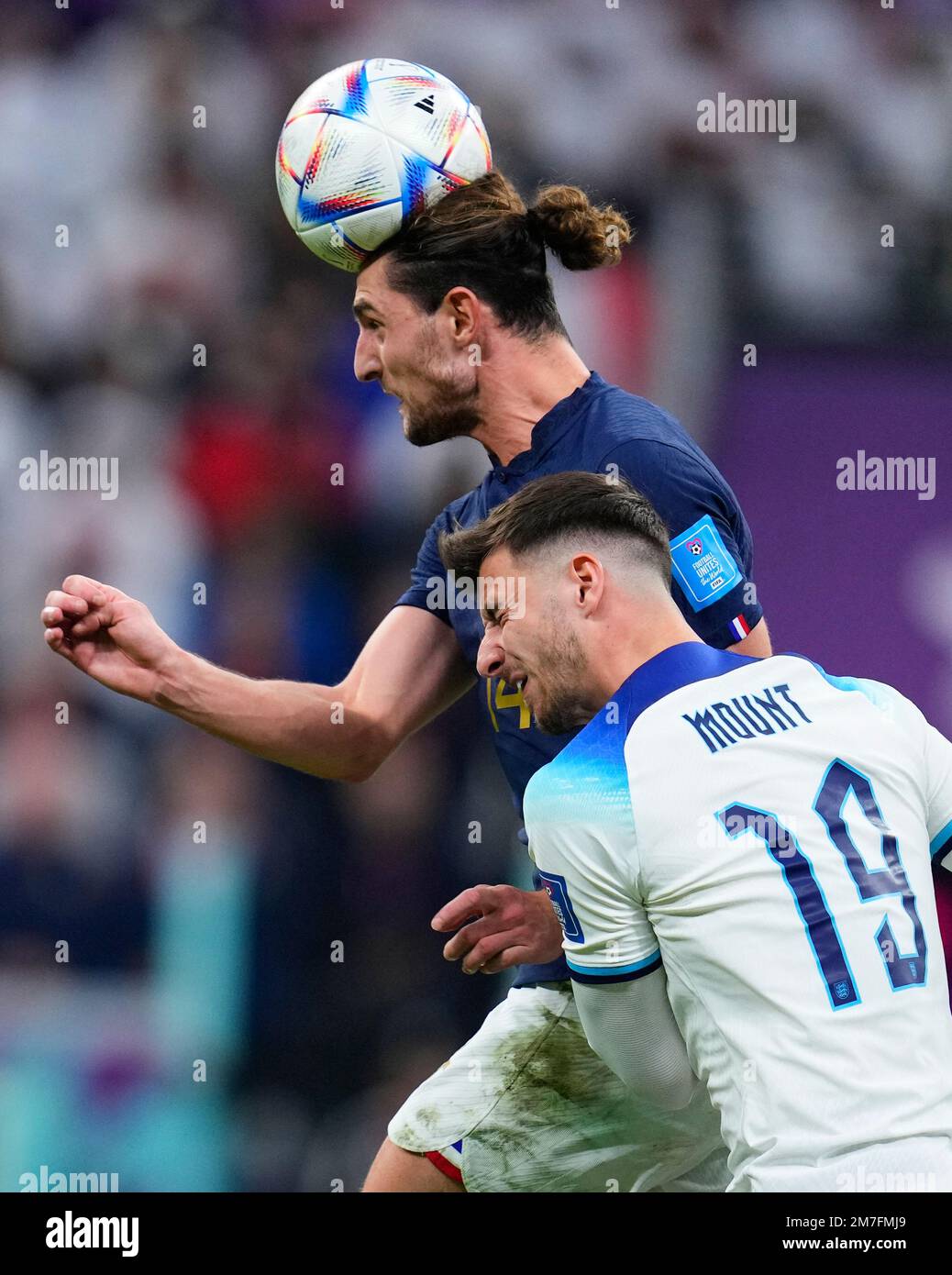 France's Adrien Rabiot heads the ball away from England's Mason Mount during the World Cup ...