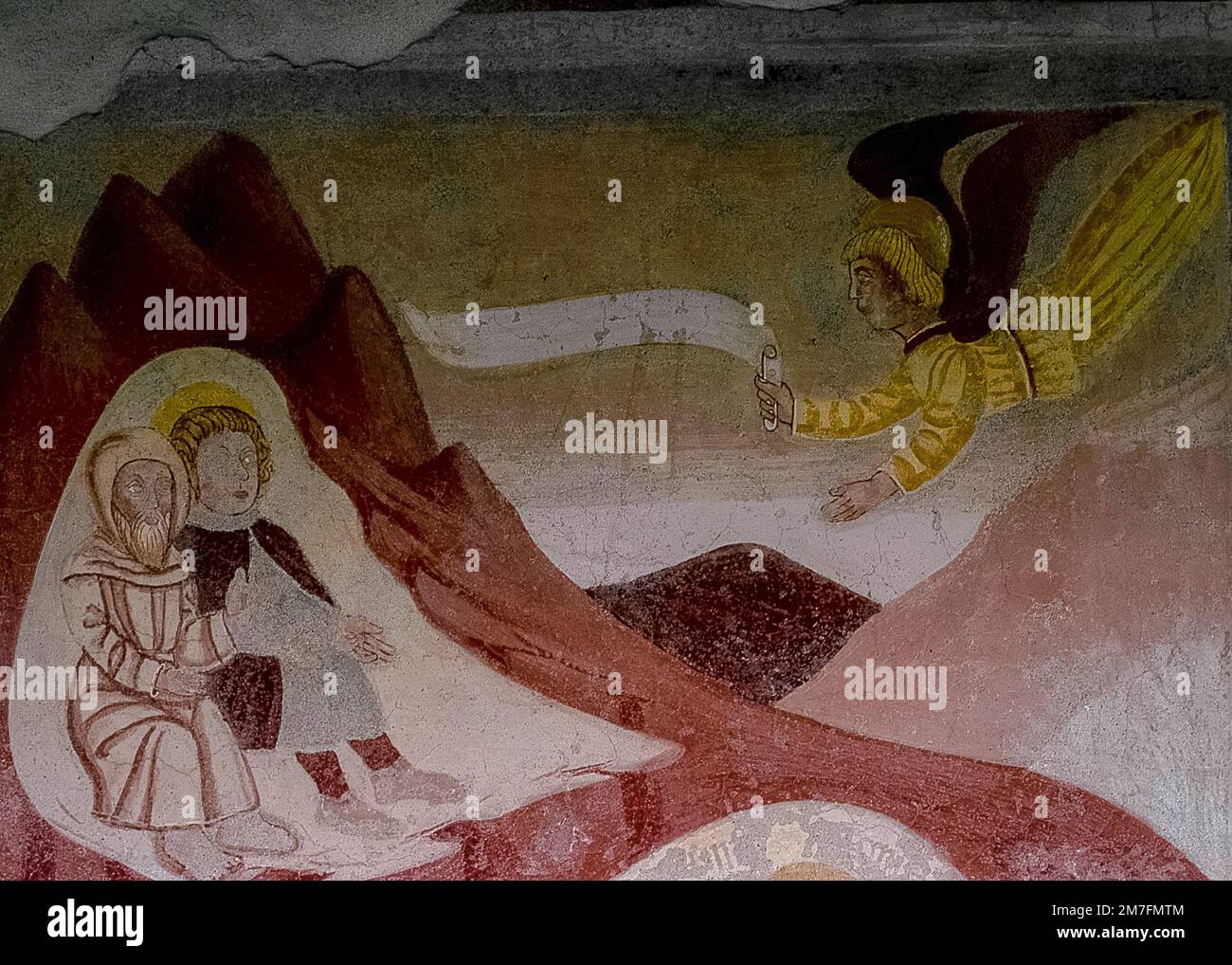 A golden angelic messenger carries God’s message to two hermits sitting ...