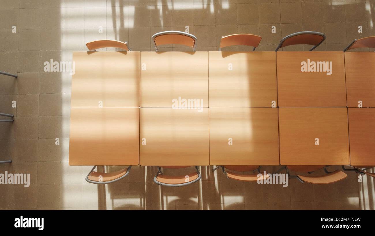 Aerial view of a school classroom, with brown chairs and tables Stock ...