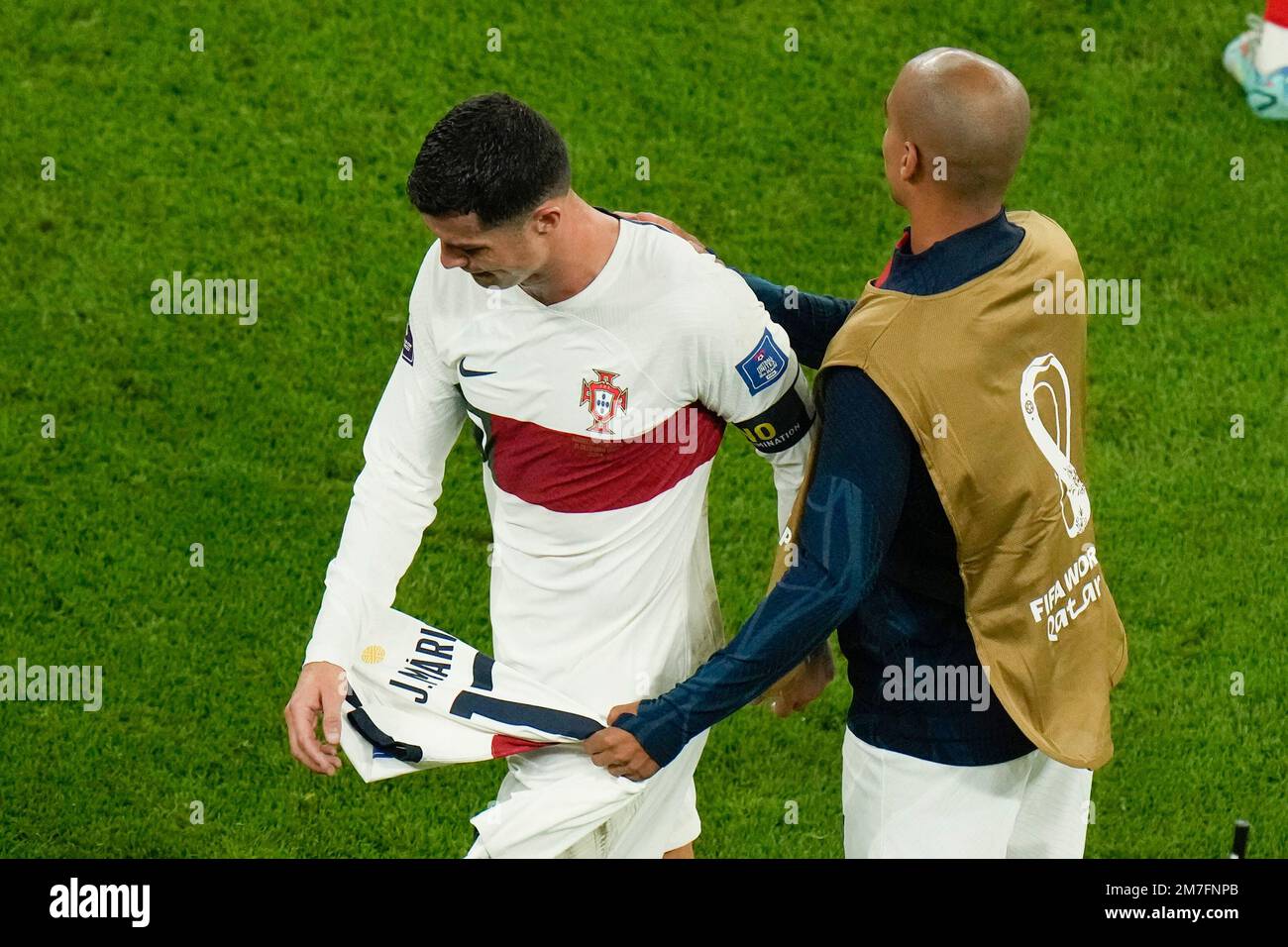Portugal's Cristiano Ronaldo, center, reacts as he leaves the field ...