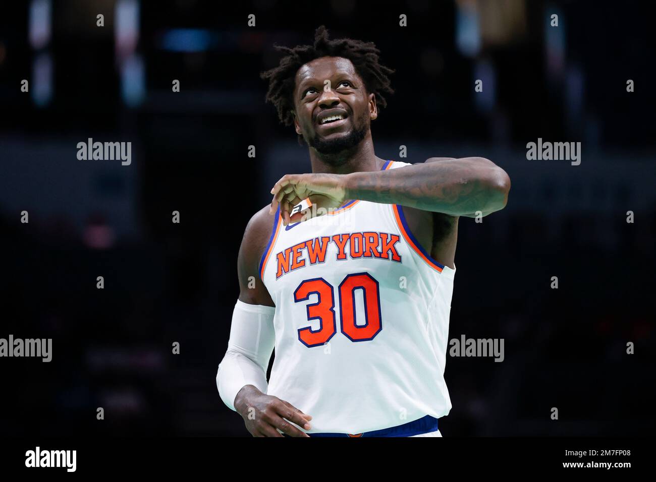 New York Knicks forward Julius Randle stretches during a break in the ...