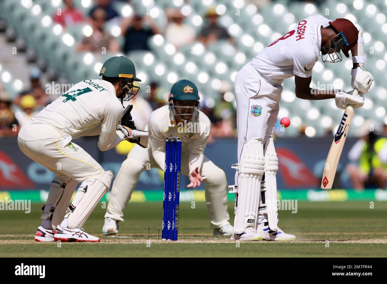 The West Indies' Alzarri Joseph, right, is trapped LBW by Australia's ...