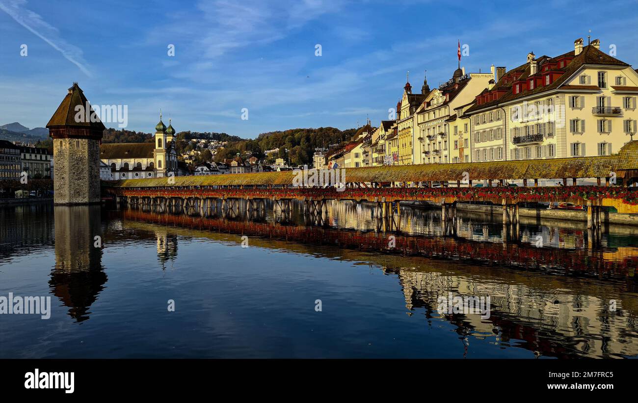 The Chapel Bridge in Lucerne under a blue sky on a sunny day Stock ...