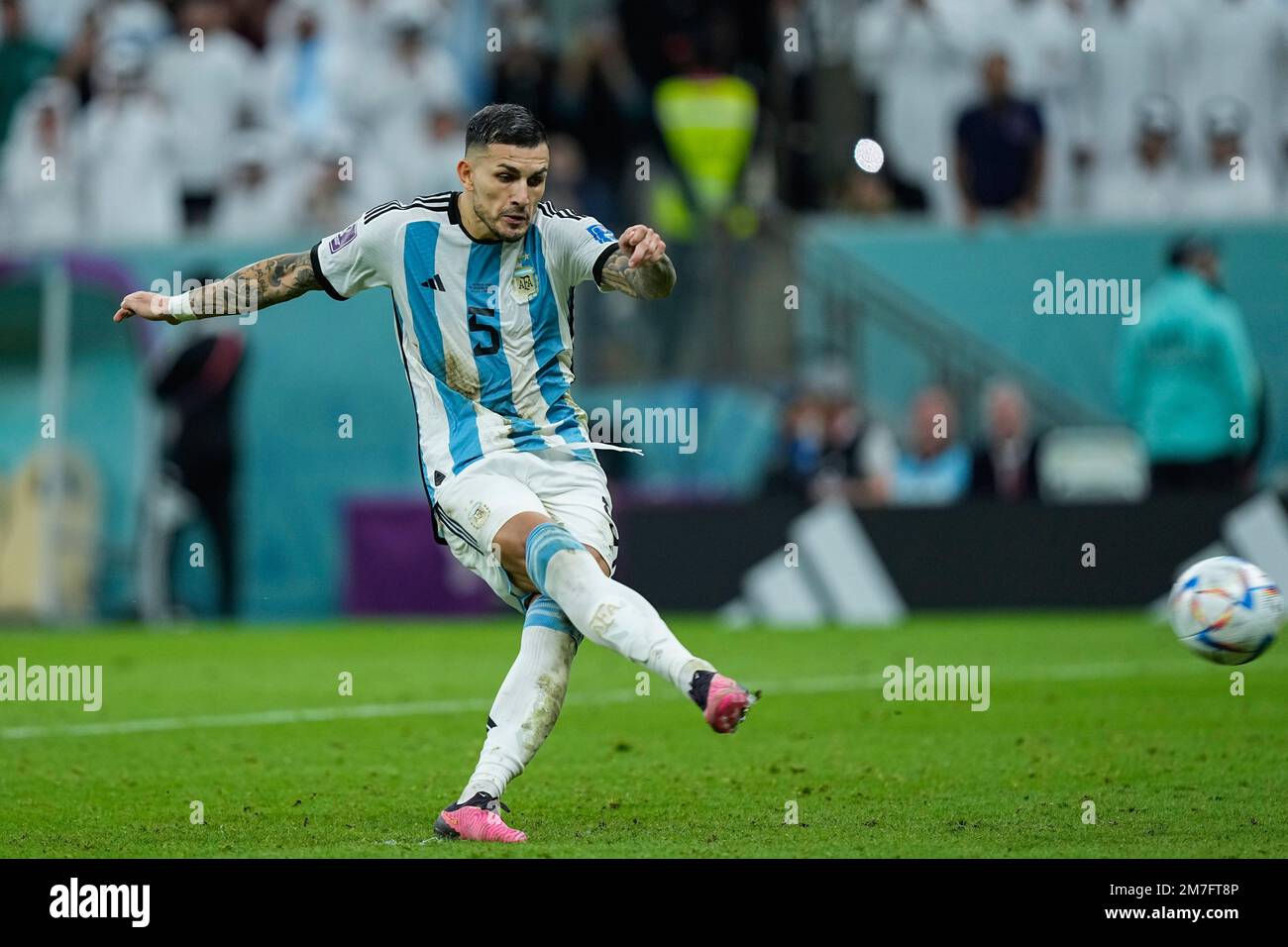Argentina's Leandro Paredes kicks a penalty during the World Cup ...