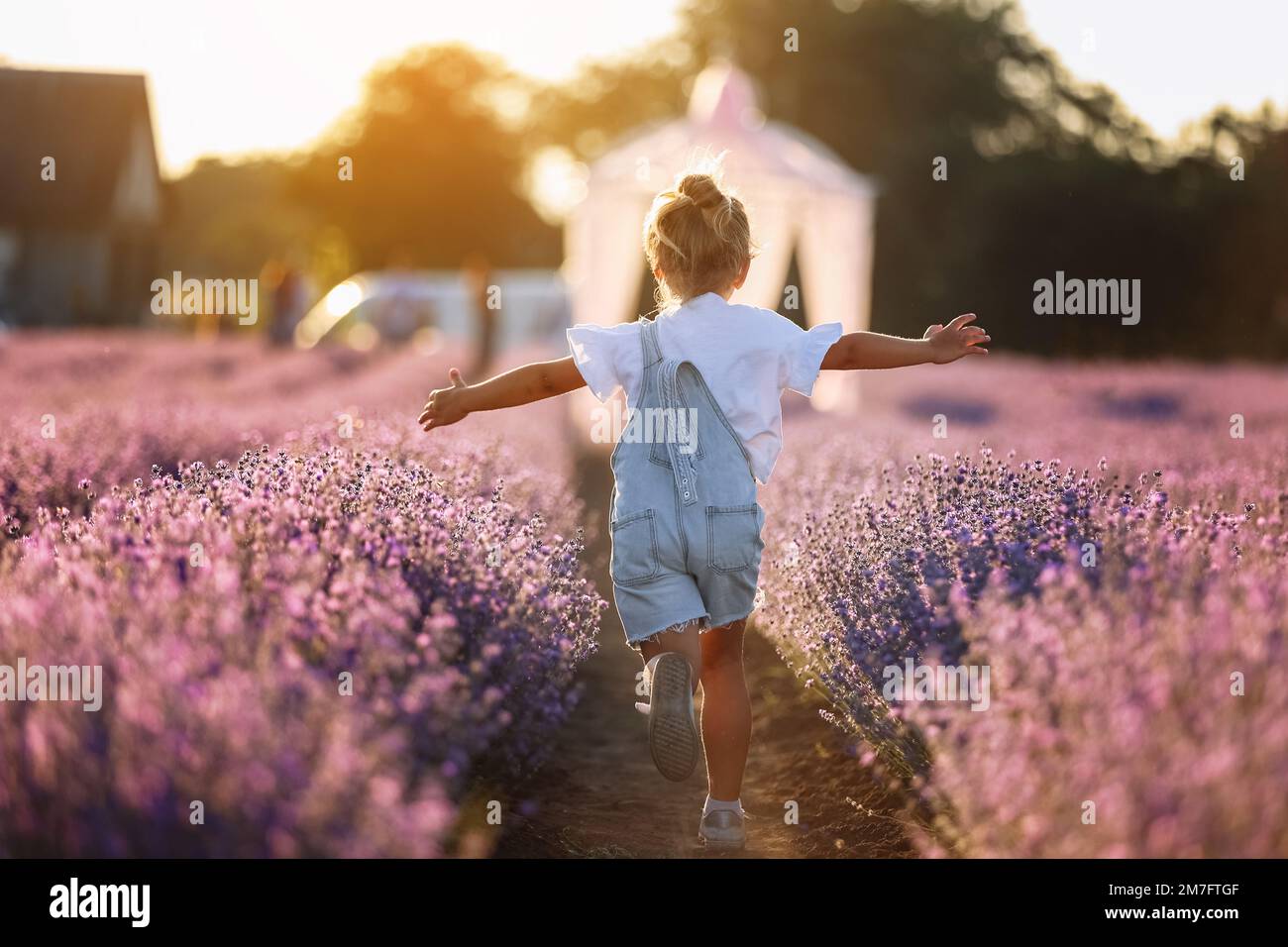 Back view of happy child girl runs raising her hands like flying plane ...