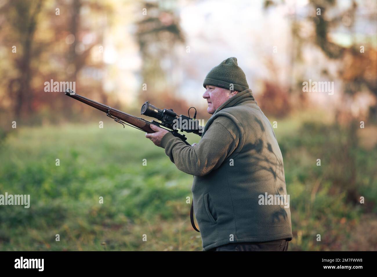Autumn hunting season, hunter with rifle looking out for some wild ...