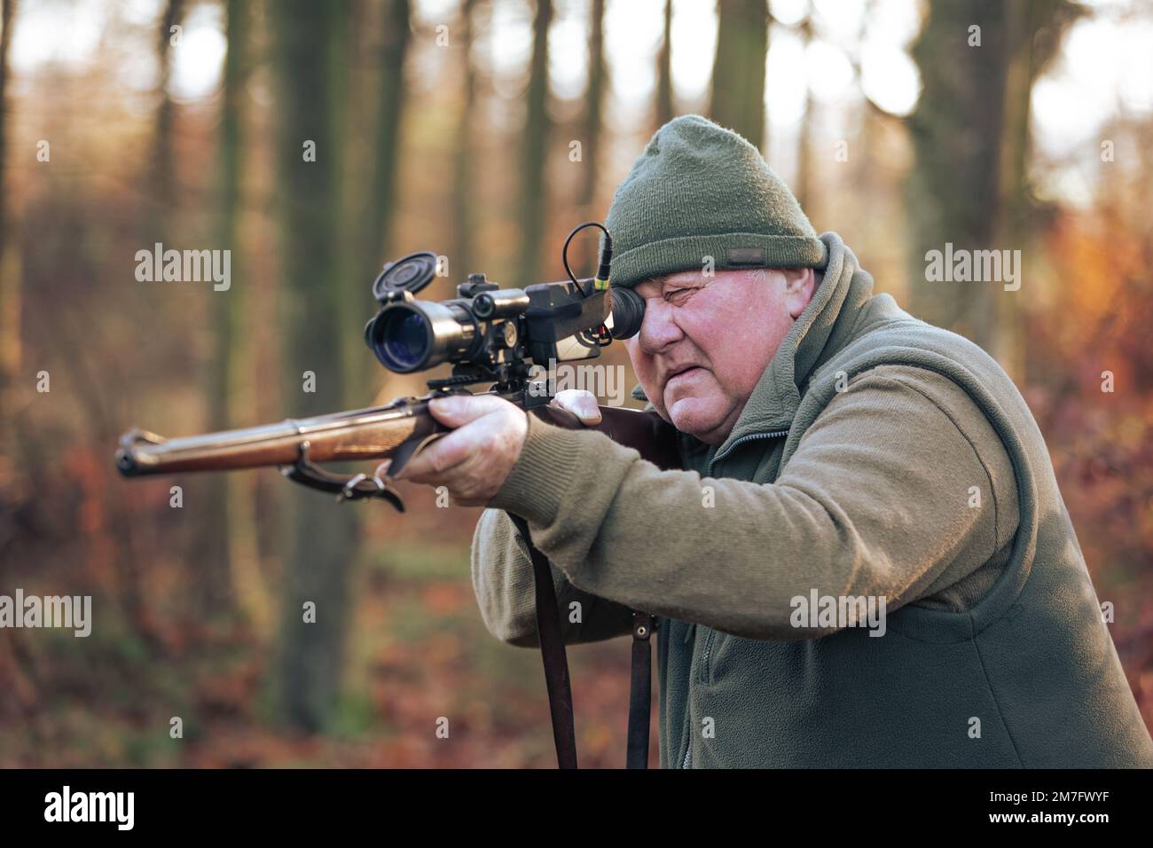 Autumn hunting season, hunter with rifle looking out for some wild ...