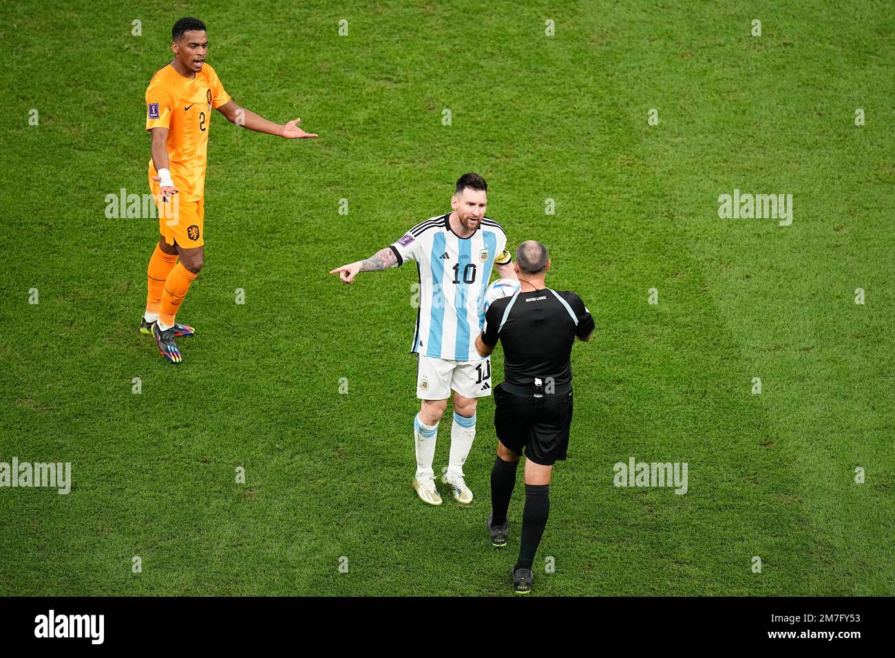 Argentina's Lionel Messi, second form right, talks to the referee ...