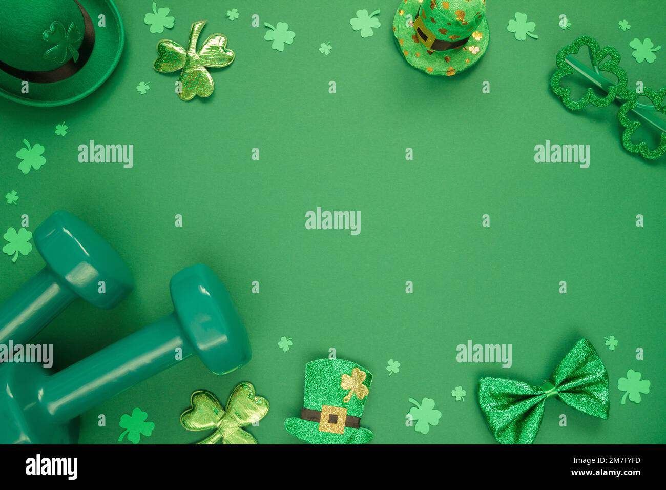 Gym dumbbells, Irish hats with leaf clover, shamrock shaped glasses ...