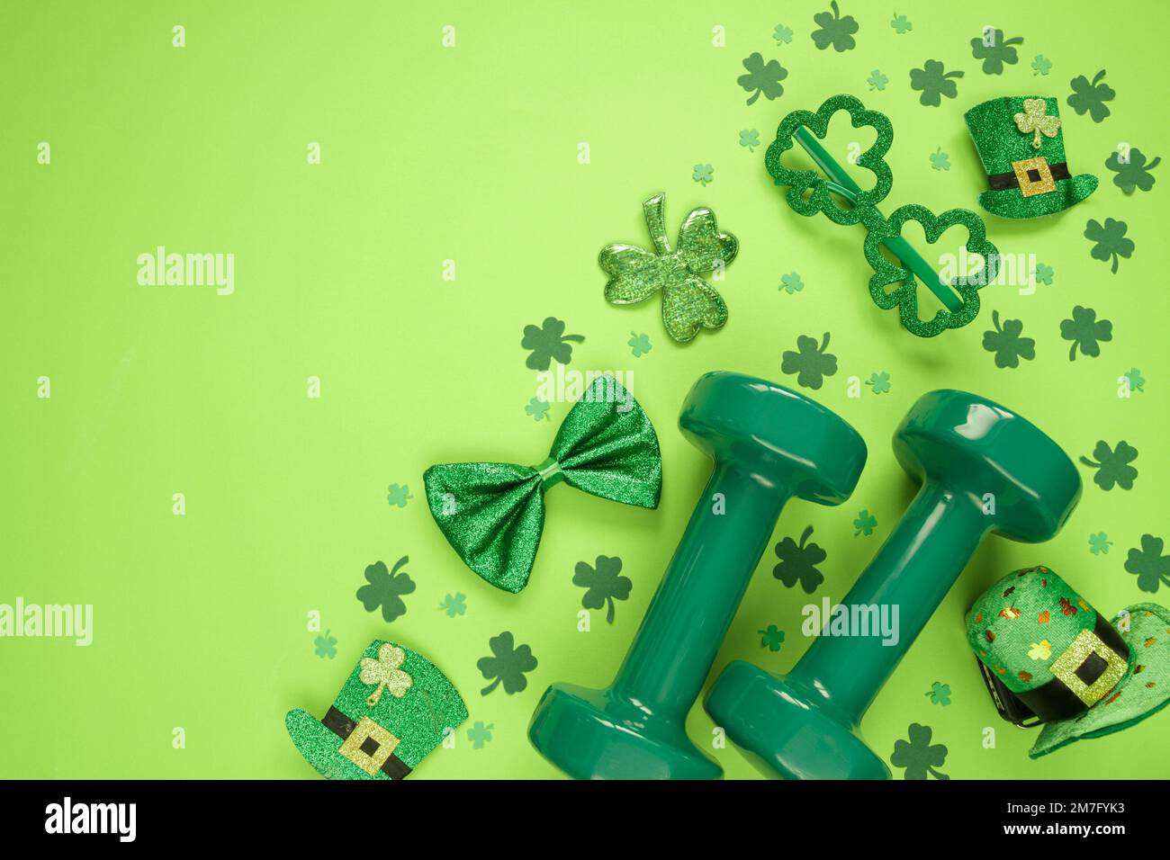 Gym dumbbells, Irish hats with leaf clover, shamrock shaped glasses and ...