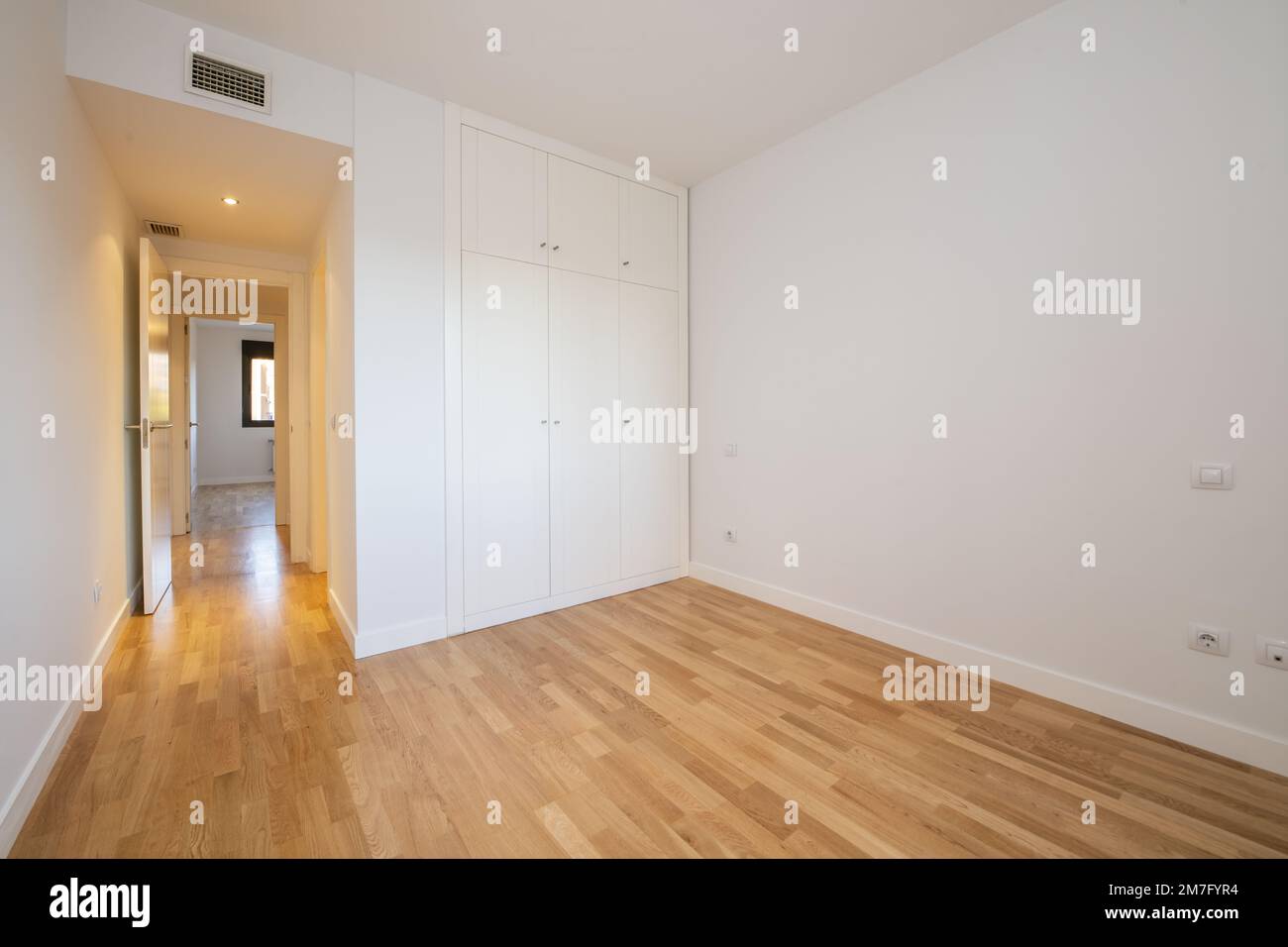 Empty living room with a three-door built-in wardrobe with a mezzanine ...