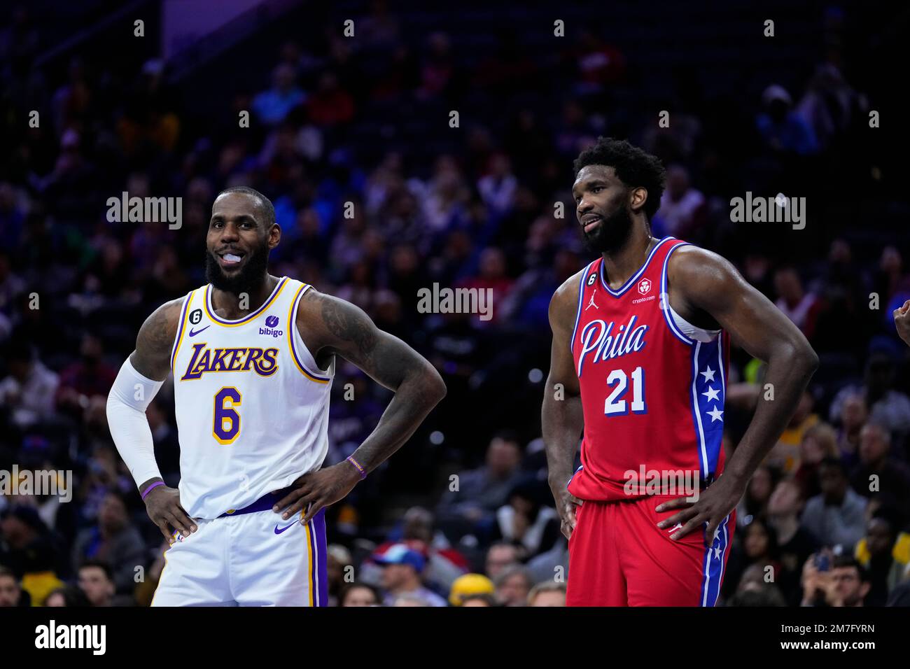 Los Angeles Lakers' LeBron James and Philadelphia 76ers' Joel Embiid ...