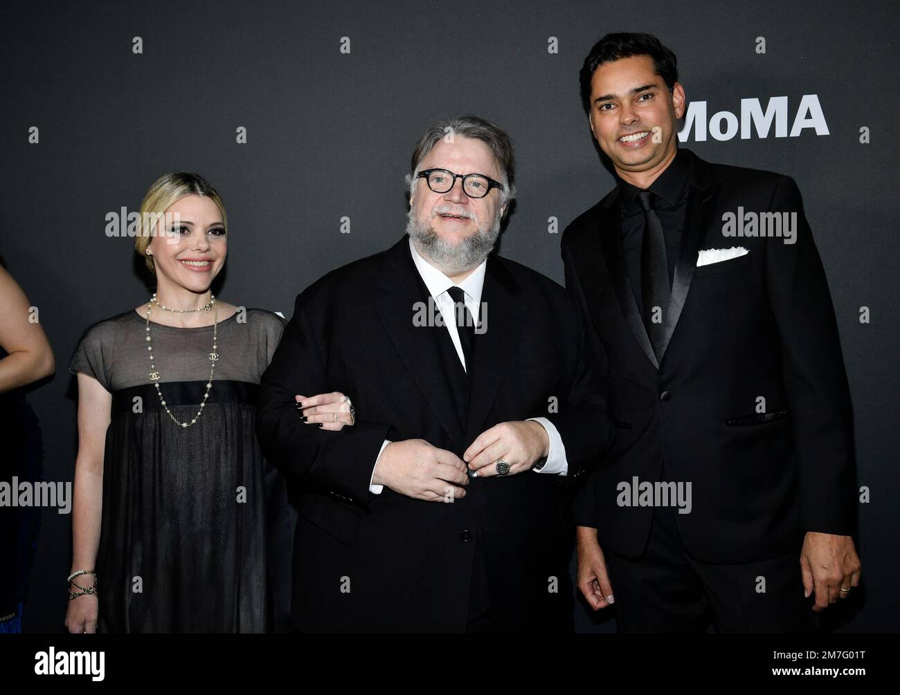 Kim Morgan, left, Guillermo del Toro and Rajendra Roy attend the MoMA ...