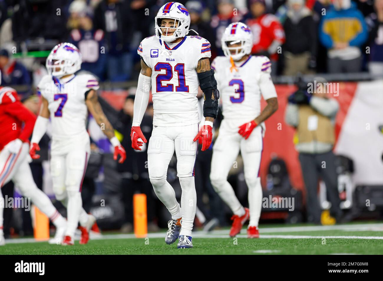 Buffalo Bills safety Jordan Poyer (21) reacts during the second half of ...