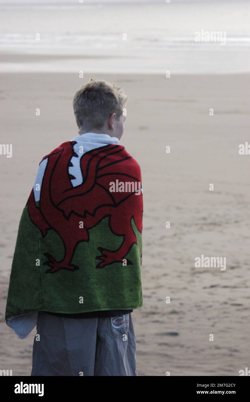 A boy wears a Welsh flag towel after his dip at the 40th Annual ...