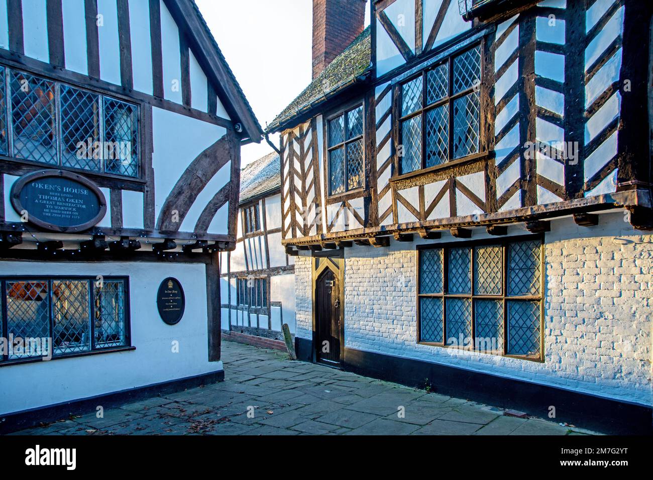 Medieval half timbered black and white houses in Castle street Warwick ...