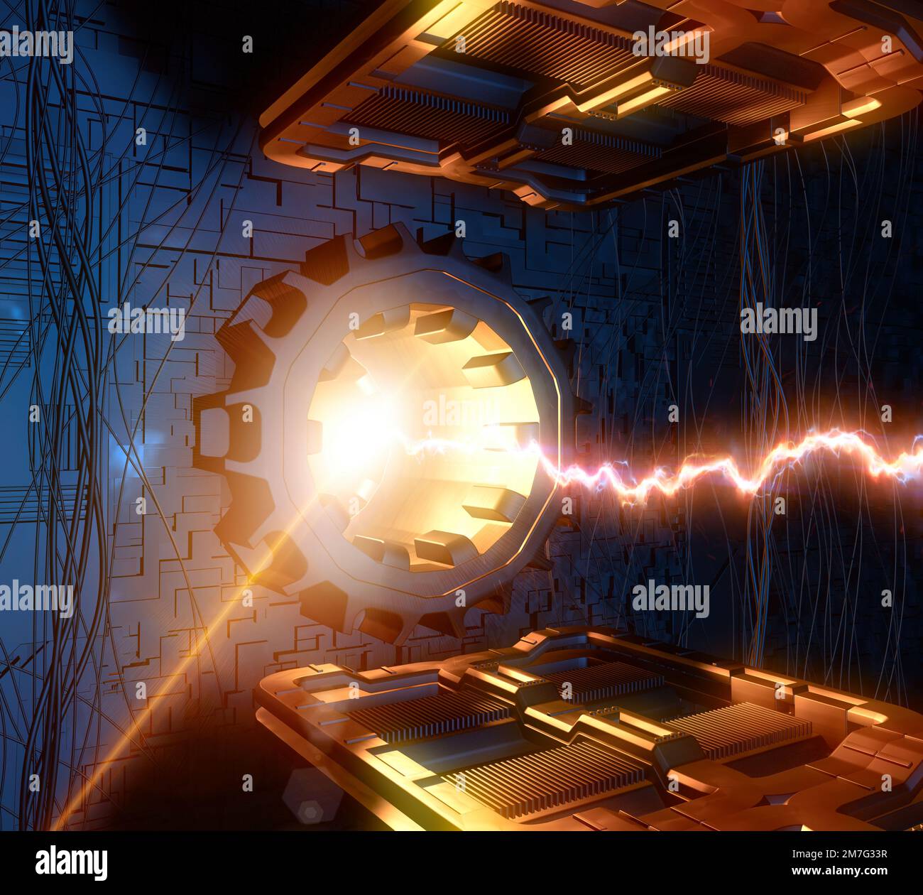 Energy beam, clean energy production. Colliding atoms. Technology in ...