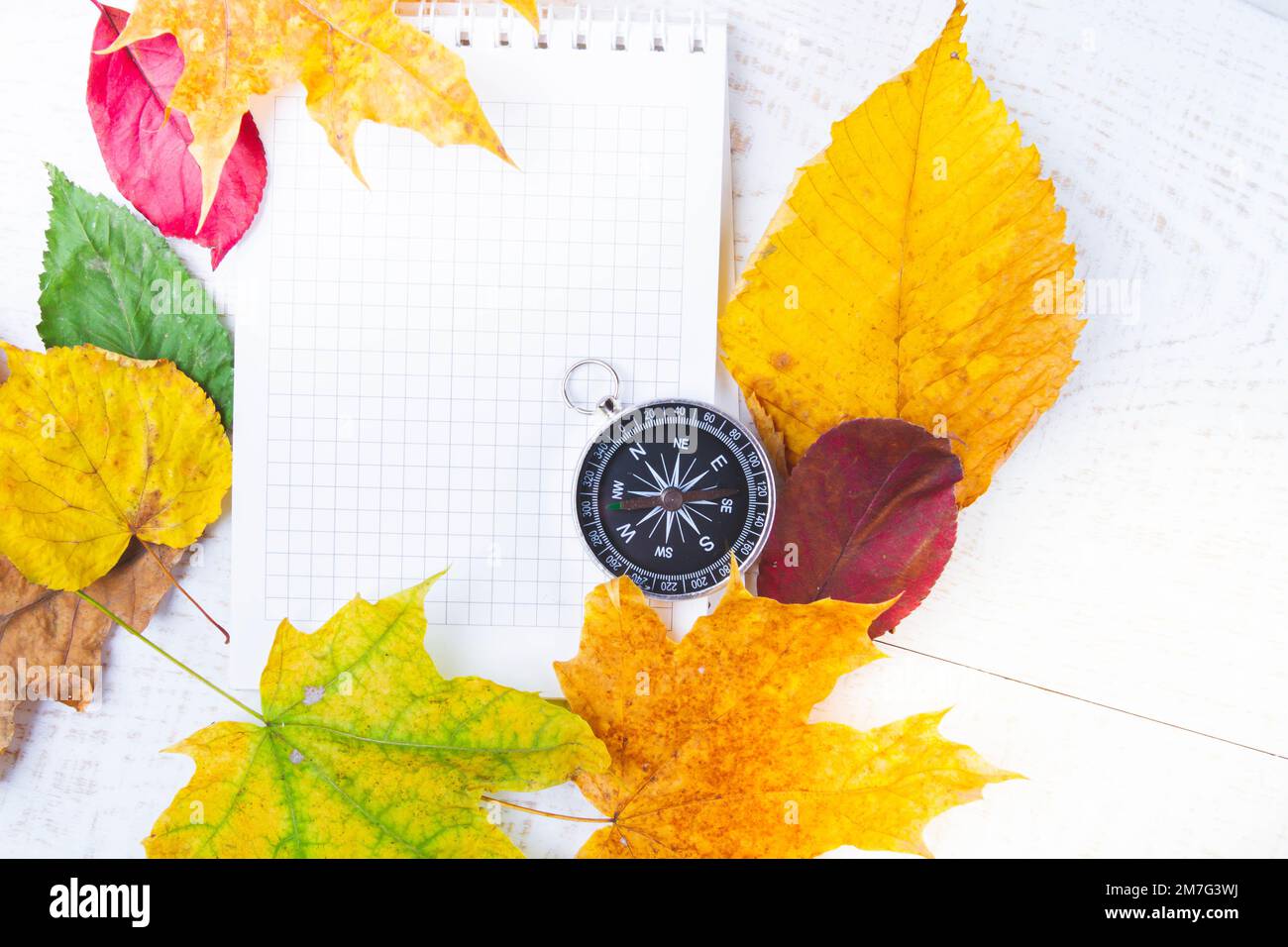 Traveller's Notes. Compass and notepad for notes in bright autumn ...