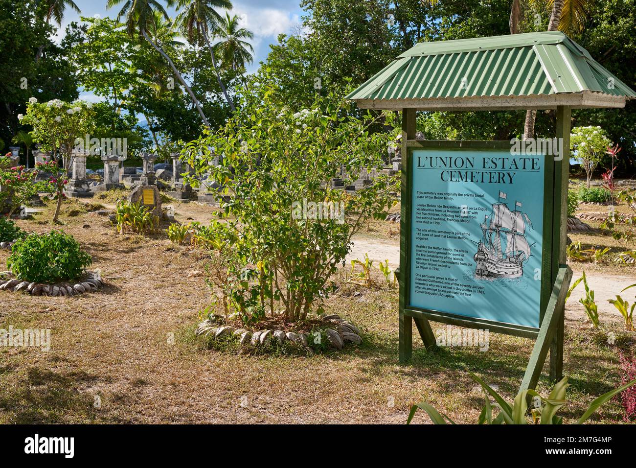 sign to old cemetery on L'Union Estate, La Digue, Seychelles Stock ...