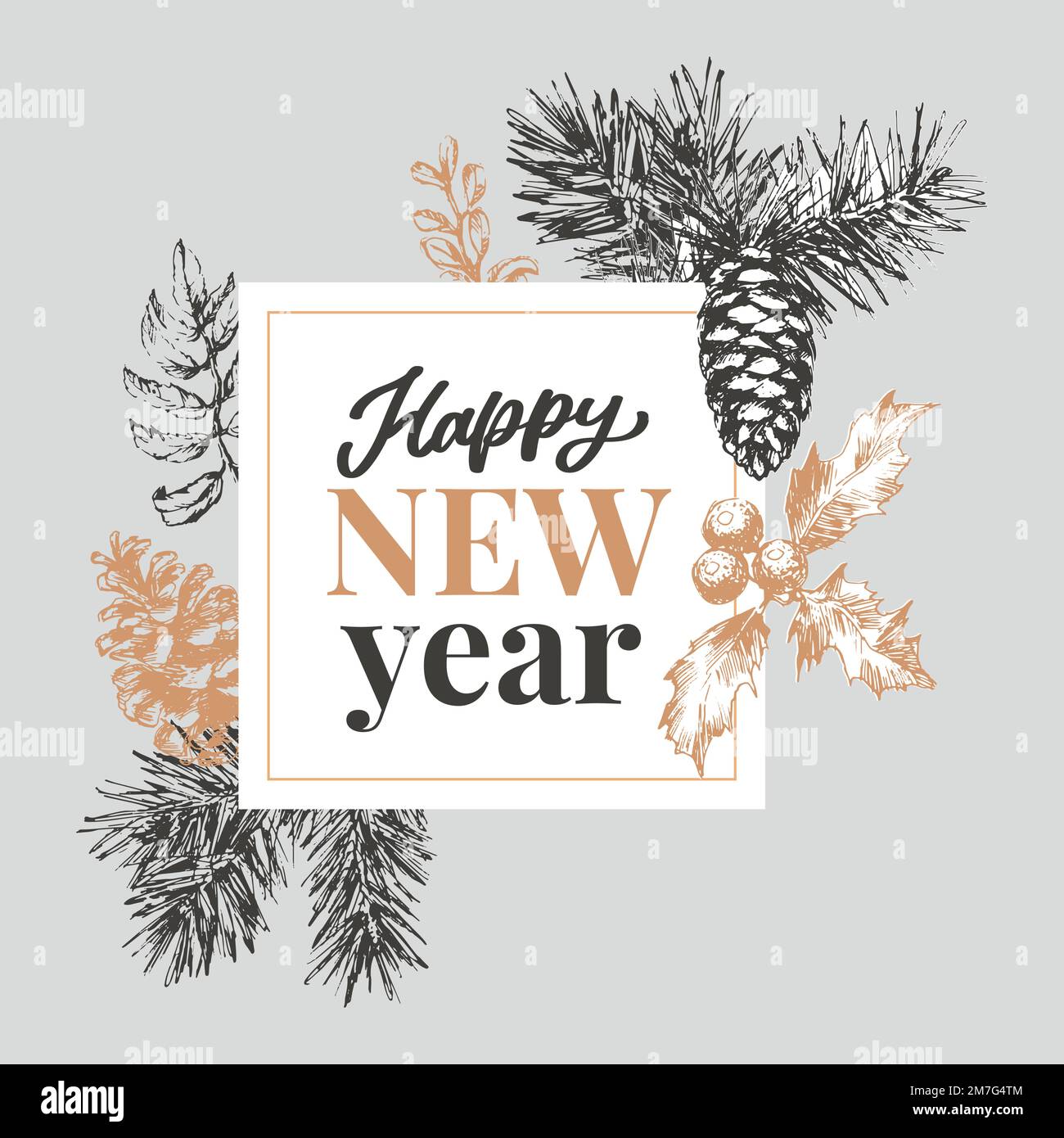 Happy New Year Abstract Botanical Card with Square Frame Banner and ...