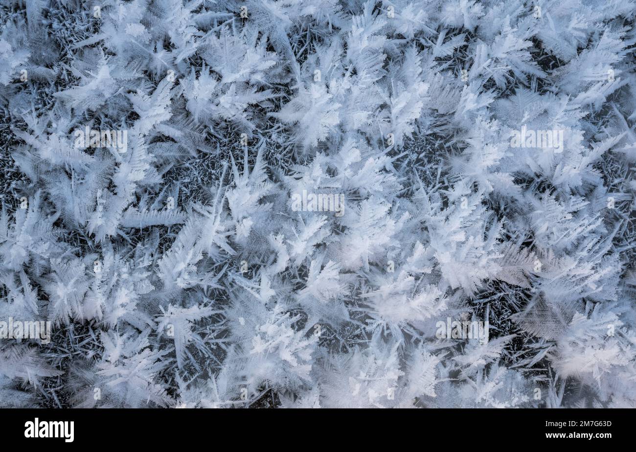Natural background of three-dimensional frost patterns. Beautiful ice ...
