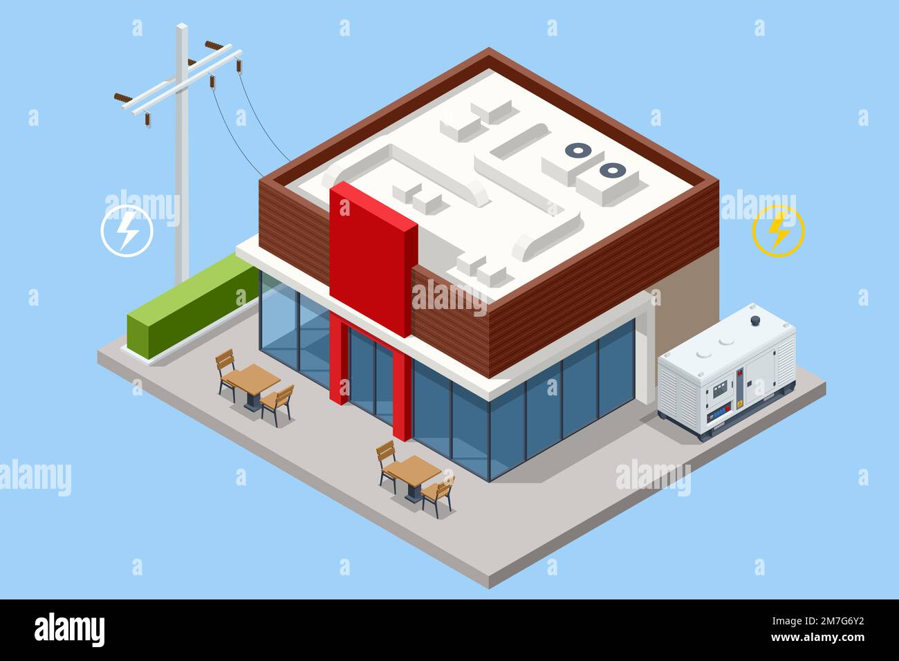 Isometric mobile industrial diesel power generator outside a store ...