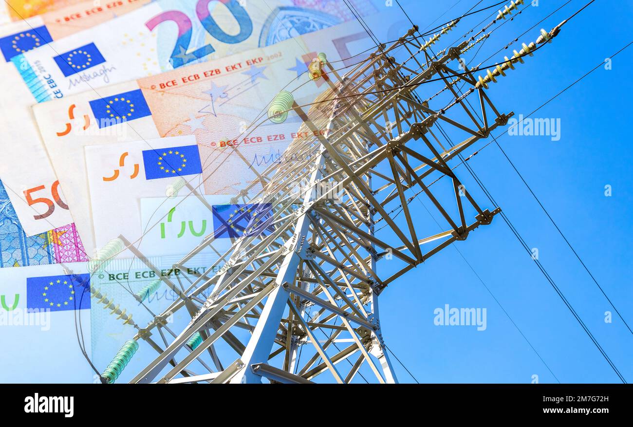 Euro banknotes on the background of a high-voltage power line ...