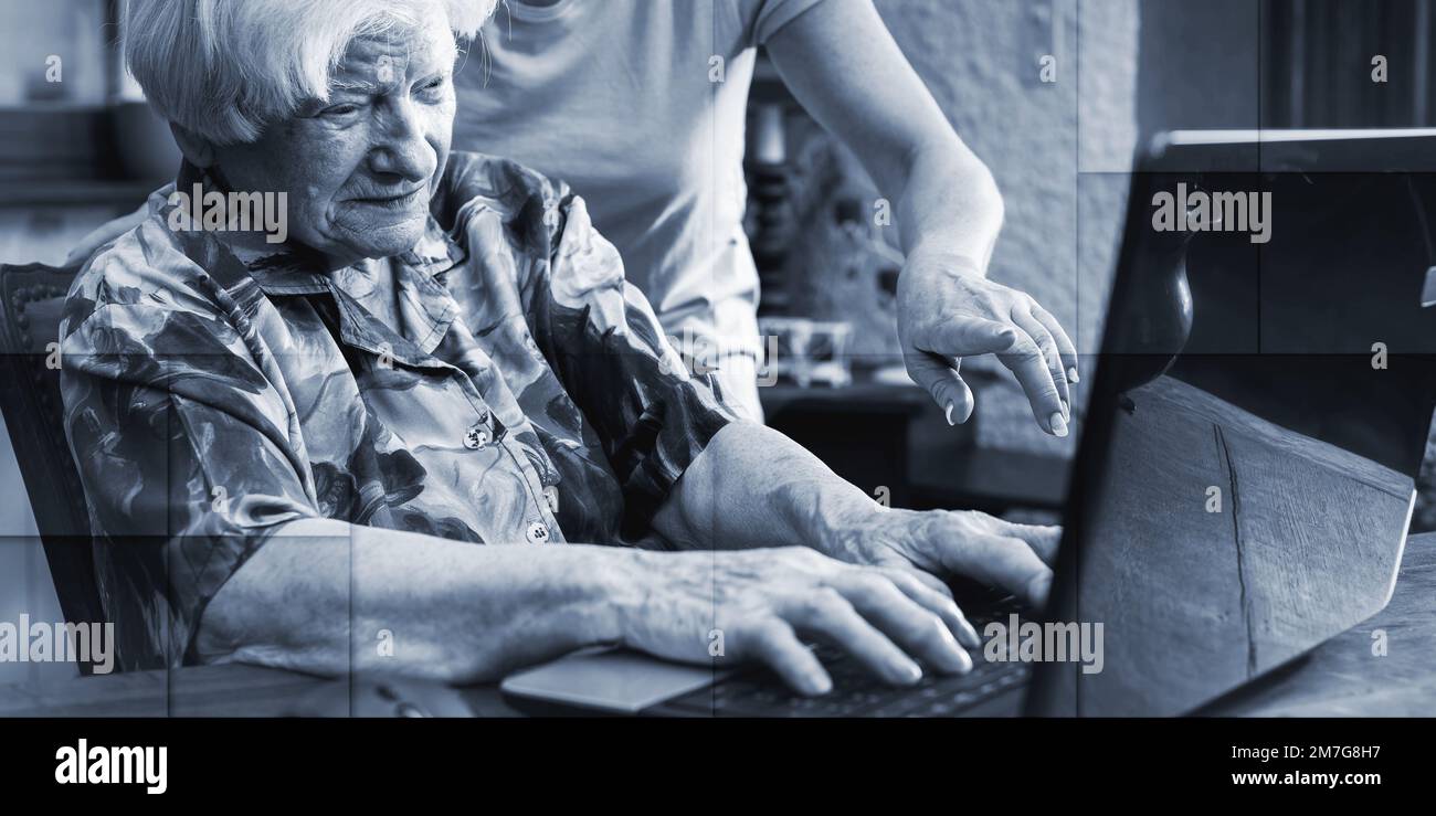 Old woman learning to use a laptop, geometric pattern Stock Photo - Alamy