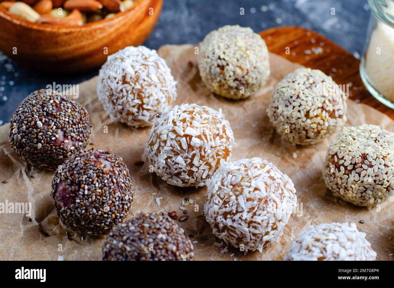 Assorted vegan sweets, Delicious Candy Balls with seeds, dried fruit ...