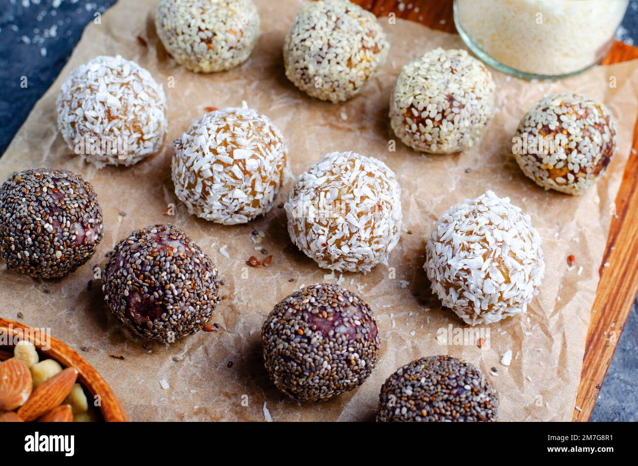 Assorted vegan sweets, Delicious Candy Balls with seeds, dried fruit ...