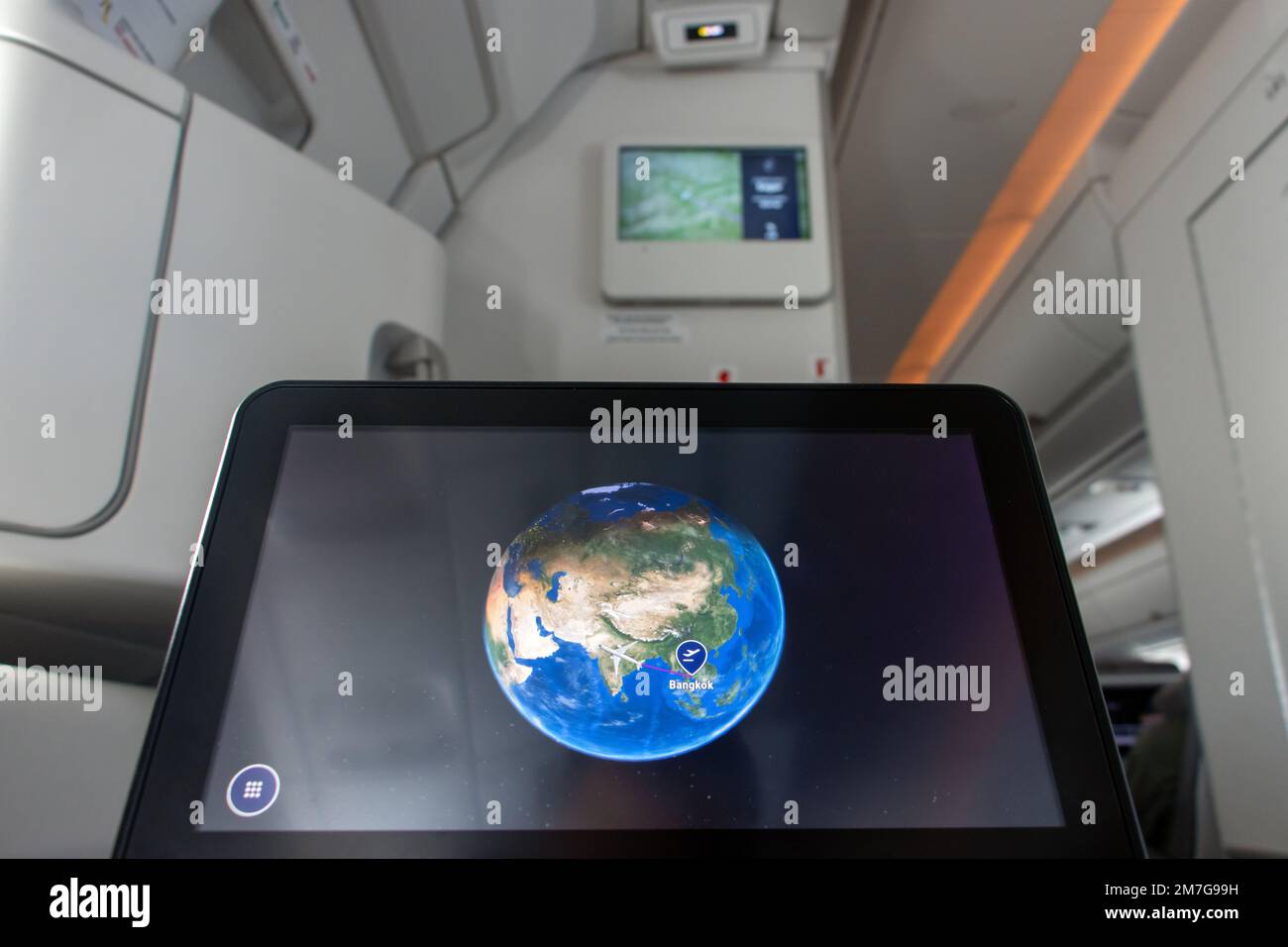 The globe on the display of the passenger monitor in the plane Stock ...